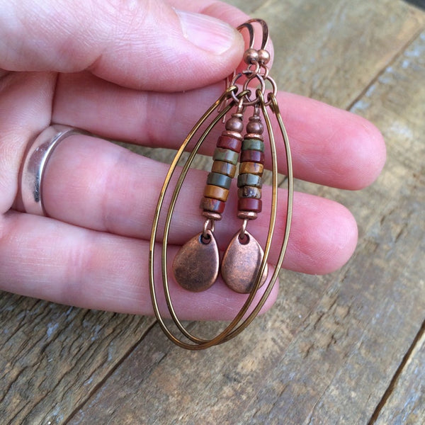 Dangle Boho Earrings Hoop Earrings Hammered Copper Hoop Earrings Co